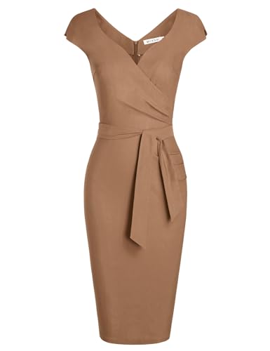 MUXXN Lady Summer Cut Out Neck Bowknot Tie Stretch Wear to Work Midi Dress (Camel XL)