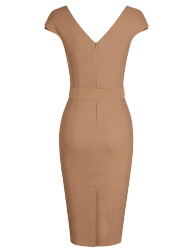 MUXXN Lady Summer Cut Out Neck Bowknot Tie Stretch Wear to Work Midi Dress (Camel XL)