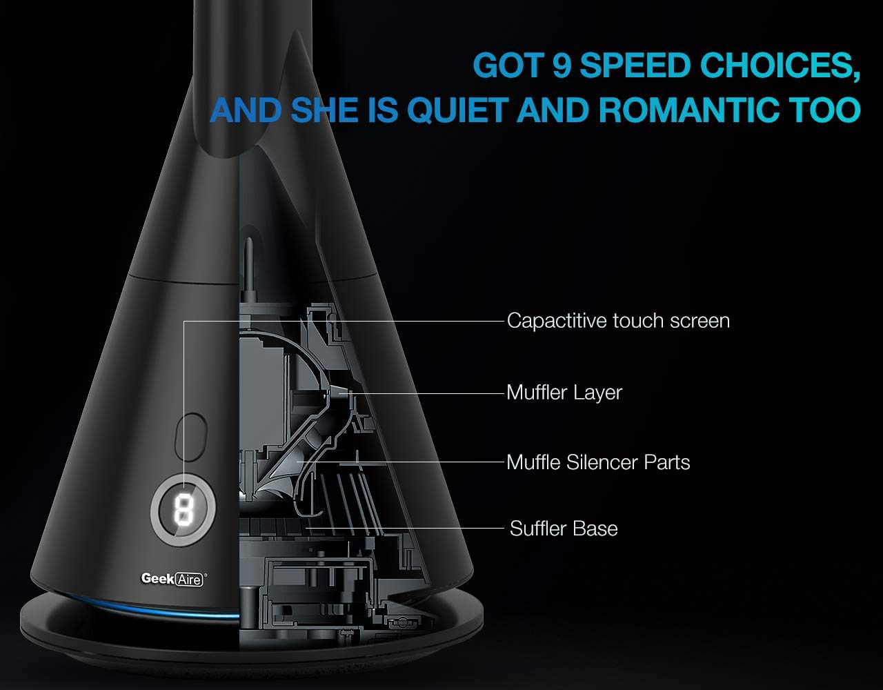 Geek Aire Fan, Oscillating Tower Bladeless Fan Works with Alexa and Google, Air Circulator Cooling Floor Pedestal Fan with 9 Speeds 8h Timer, Quiet Stand Fan with App and Remote Control for Whole Room