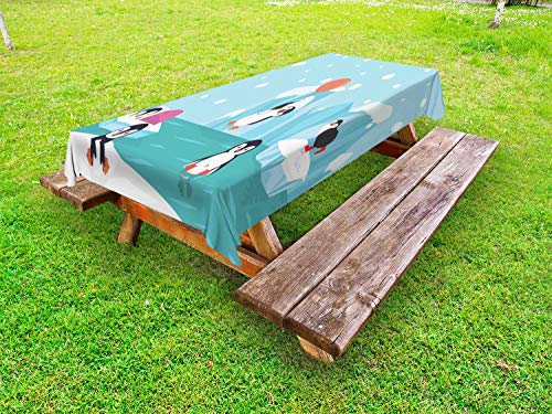 Ambesonne North Pole Outdoor Tablecloth, Penguins on Ice Glaciers Funny Animal Characters Print, Decorative Washable Picnic Table Cloth, 58" X 84", Pale Sky Blue Multicolor