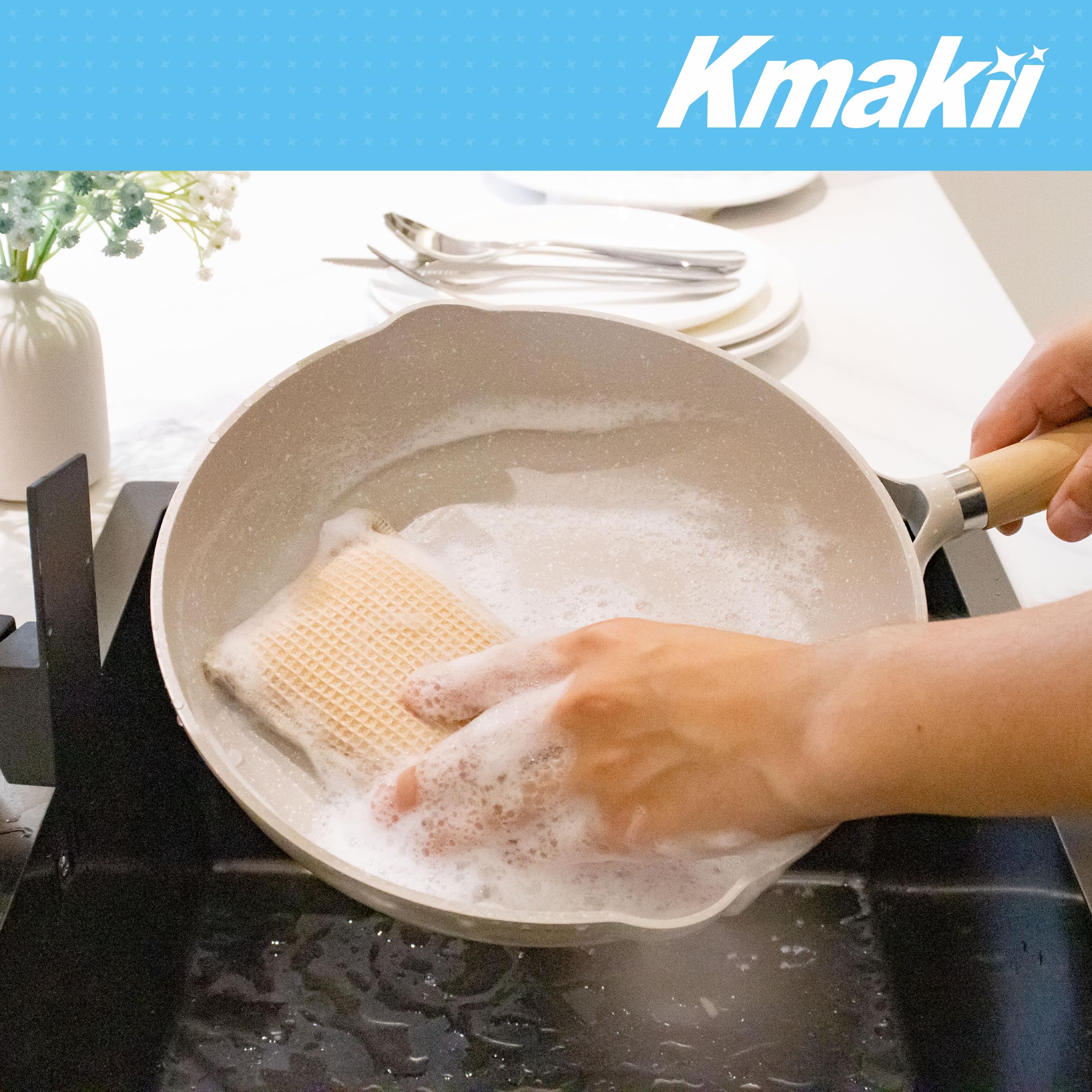 KMAKII Bamboo Kitchen Sponges Dish Sponges Natural Cleaning Sponges Beige 6 Pack
