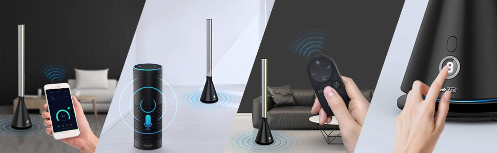 Geek Aire Fan, Oscillating Tower Bladeless Fan Works with Alexa and Google, Air Circulator Cooling Floor Pedestal Fan with 9 Speeds 8h Timer, Quiet Stand Fan with App and Remote Control for Whole Room