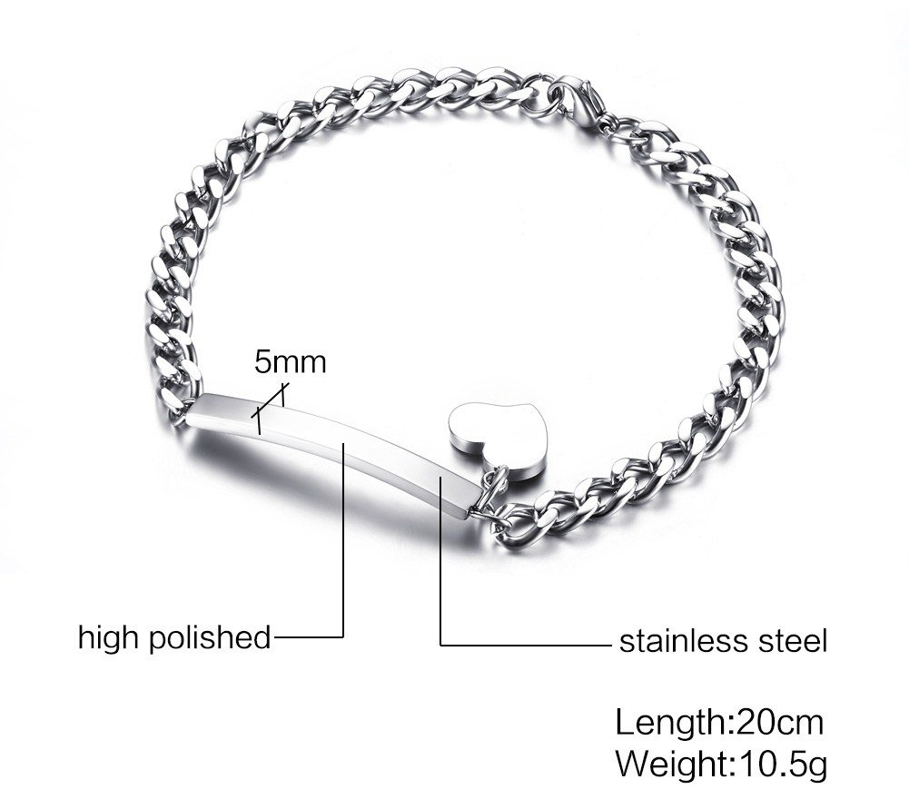 VNOX Custom Engraved Personalized ID Tag Stainless Steel Bar Bracelet with Heart Charm for Women,8.0"
