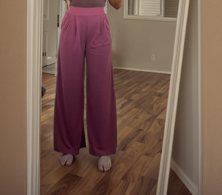 LROSEY Women's Stretchy Solid Color High Waisted Wide Leg Palazzo Pants with Pockets Wine