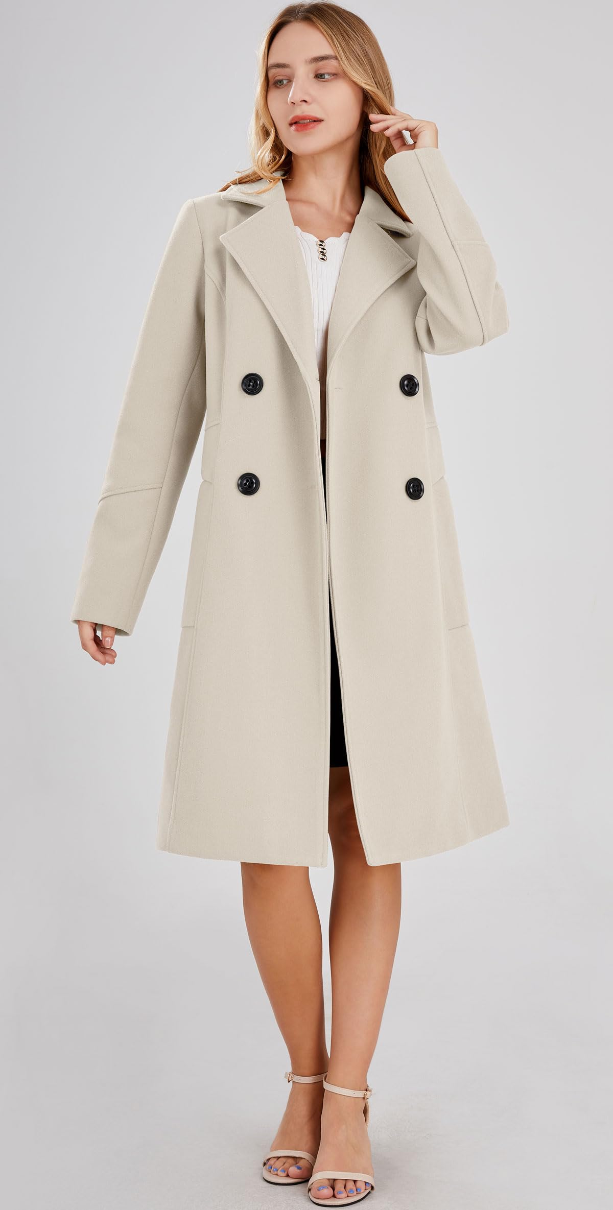 chouyatou Women's Basic Essential Double Breasted Mid-Long Wool Blend Pea Coat (Small, Off White)