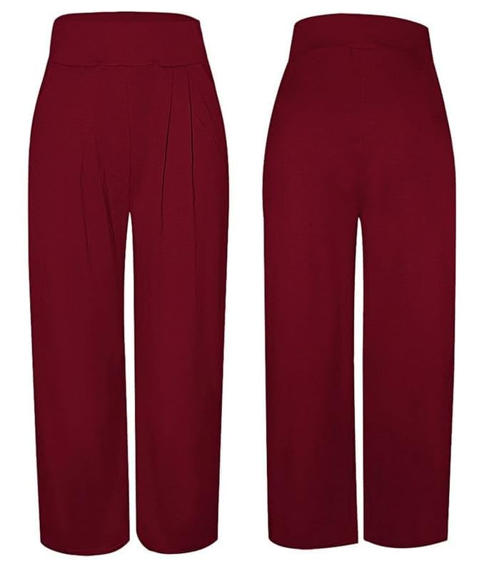 LROSEY Women's Stretchy Solid Color High Waisted Wide Leg Palazzo Pants with Pockets Wine