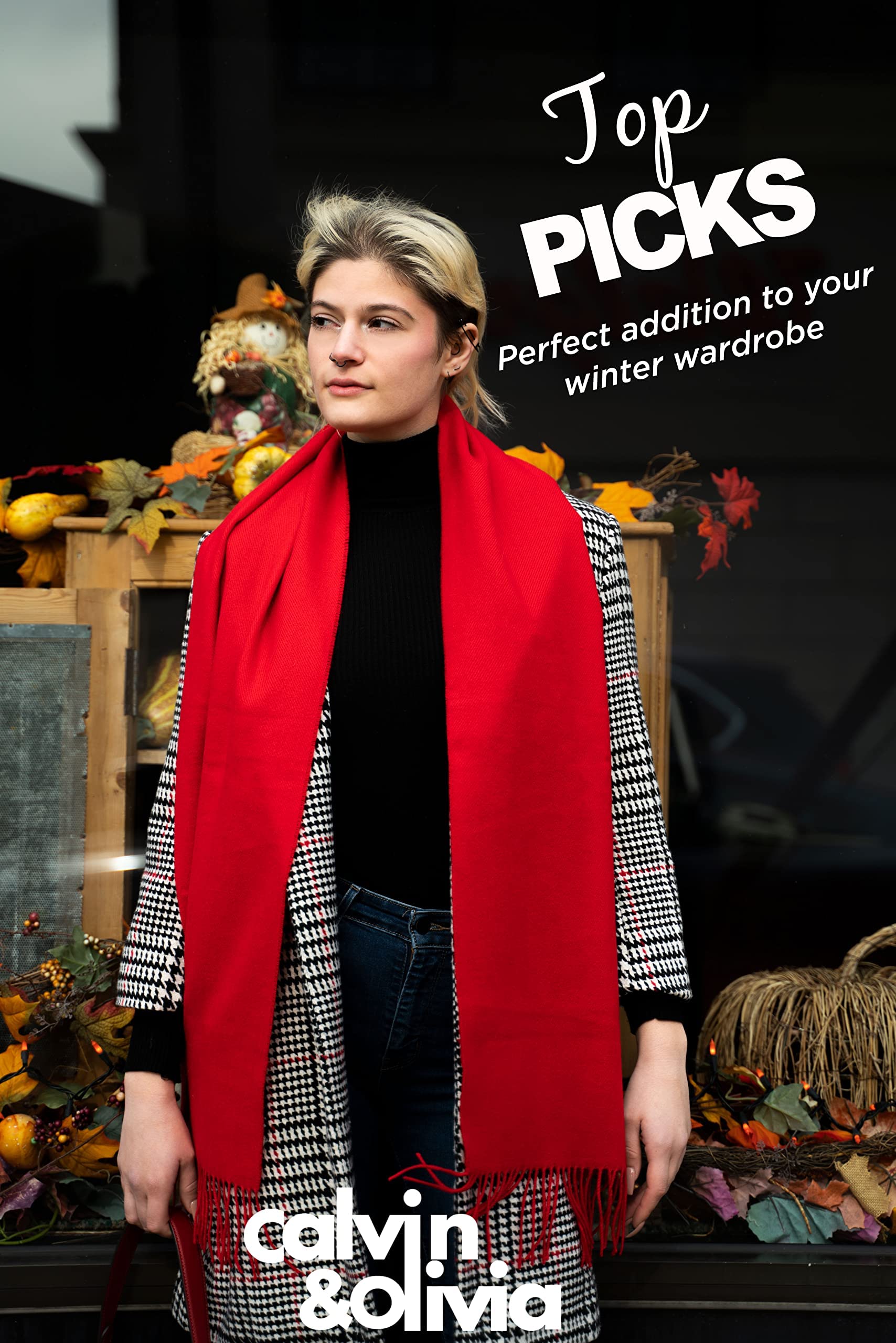 CALVIN & OLIVIA Ultra-Soft Winter Cashmere Feel Scarf Solid Color Warm Long Unisex Winter Scarves Perfect Holiday Gift for Women Men Amazon Christmas Red