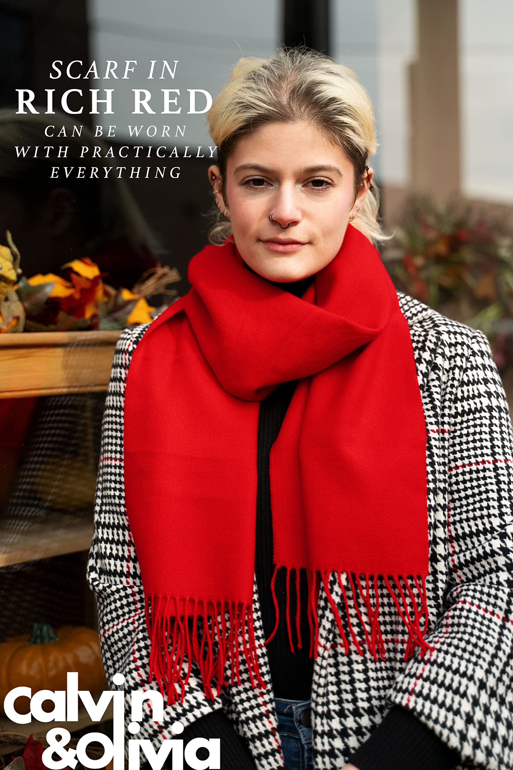 CALVIN & OLIVIA Ultra-Soft Winter Cashmere Feel Scarf Solid Color Warm Long Unisex Winter Scarves Perfect Holiday Gift for Women Men Amazon Christmas Red