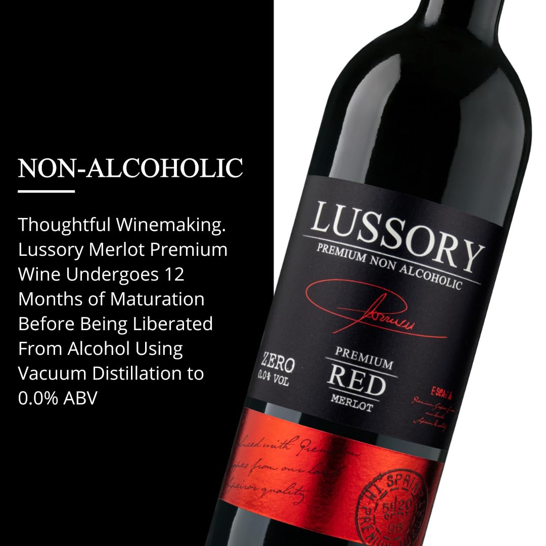 Lussory Premium Merlot Alcohol Removed 0.0% Dealcoholized Red Non Alcoholic Wine From Spain, Low Calories, Low Sugar, Halal Certified (750ml, 1 Bottle)