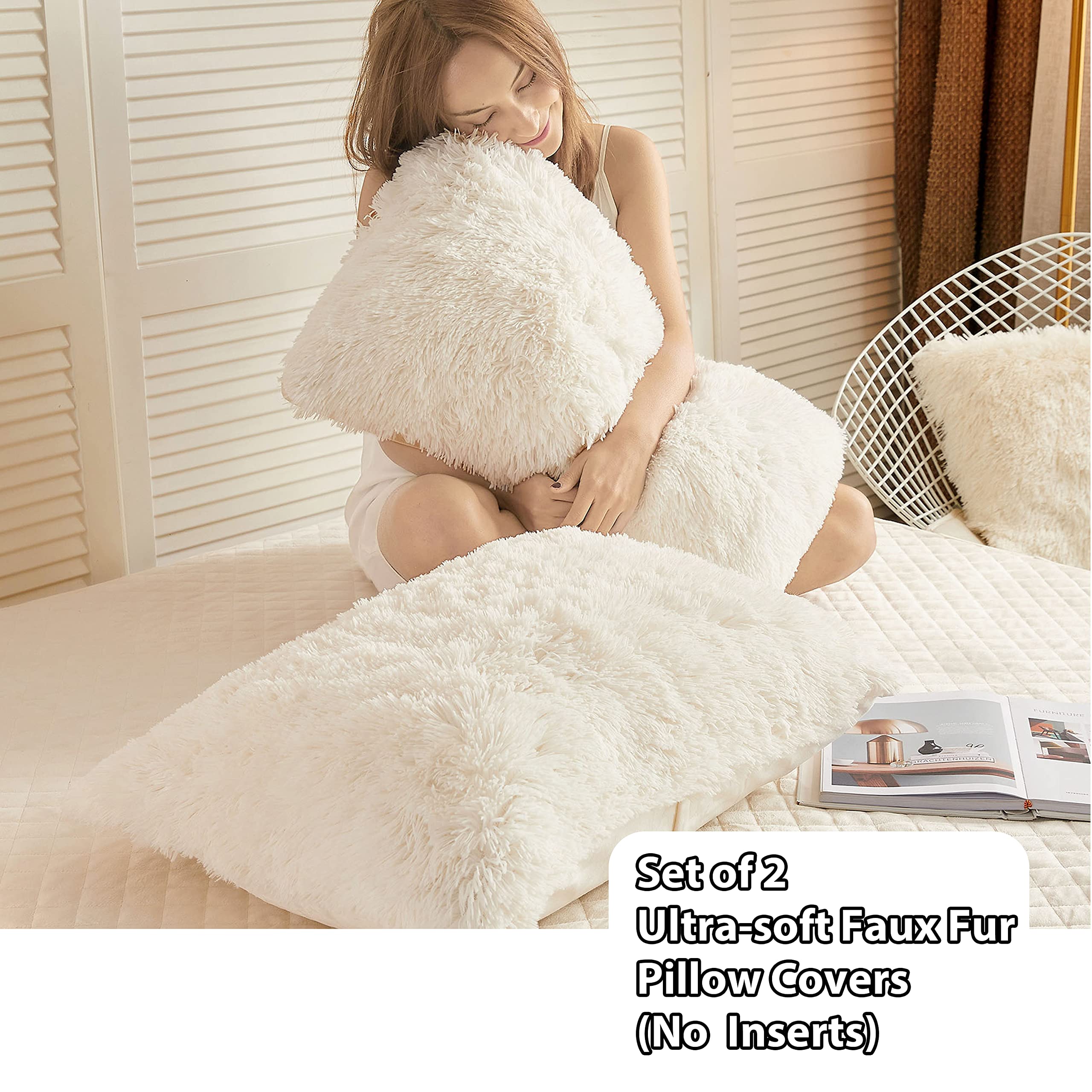 LIFEREVO 2 Pack Cream Faux Fur Pillow Shams,Shaggy Plush Home Decorative Luxury Series Super Soft Furry Pillow Case with Zipper Closure for Home Sofa Couch,Standard (Light Beige,20"x26")
