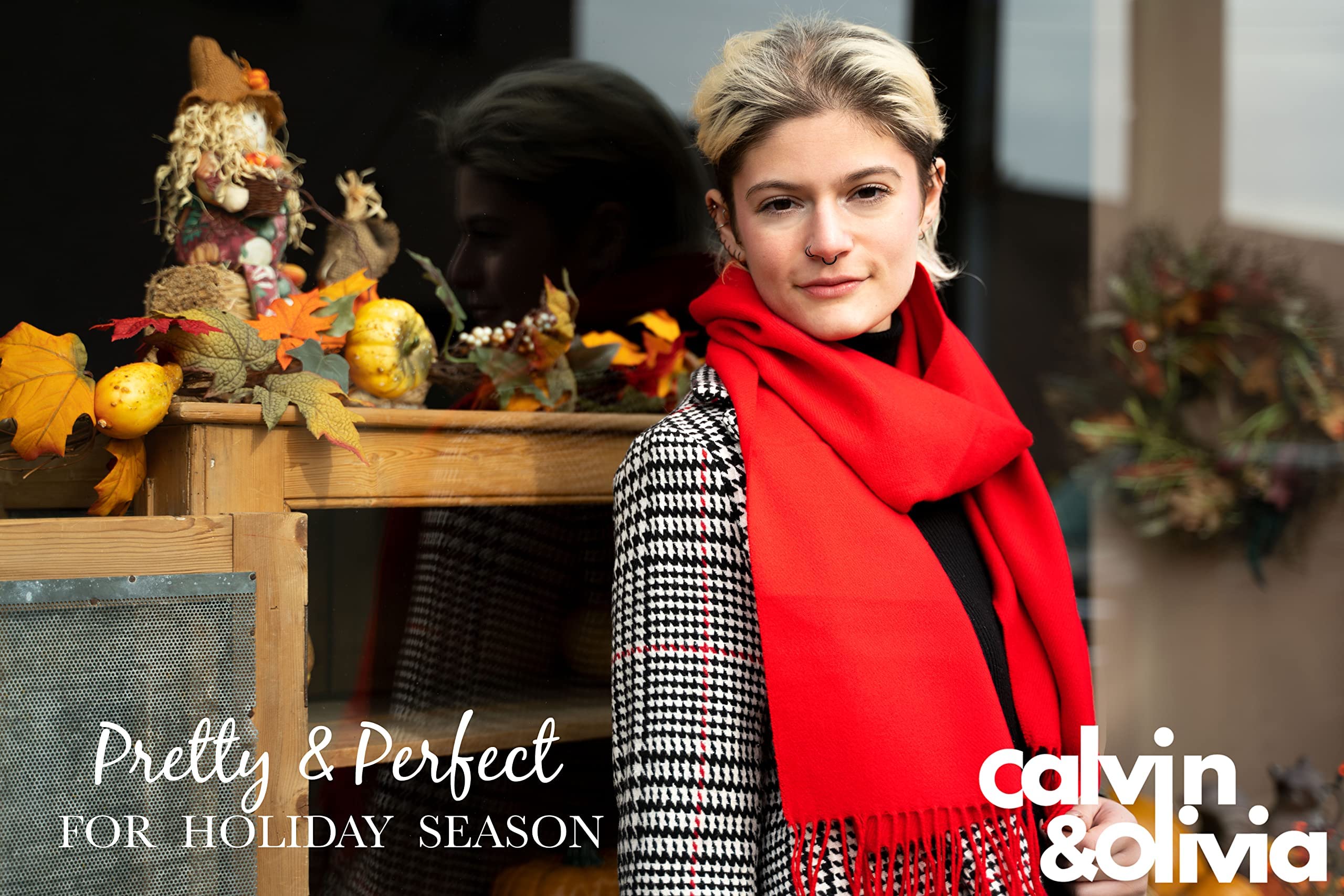 CALVIN & OLIVIA Ultra-Soft Winter Cashmere Feel Scarf Solid Color Warm Long Unisex Winter Scarves Perfect Holiday Gift for Women Men Amazon Christmas Red