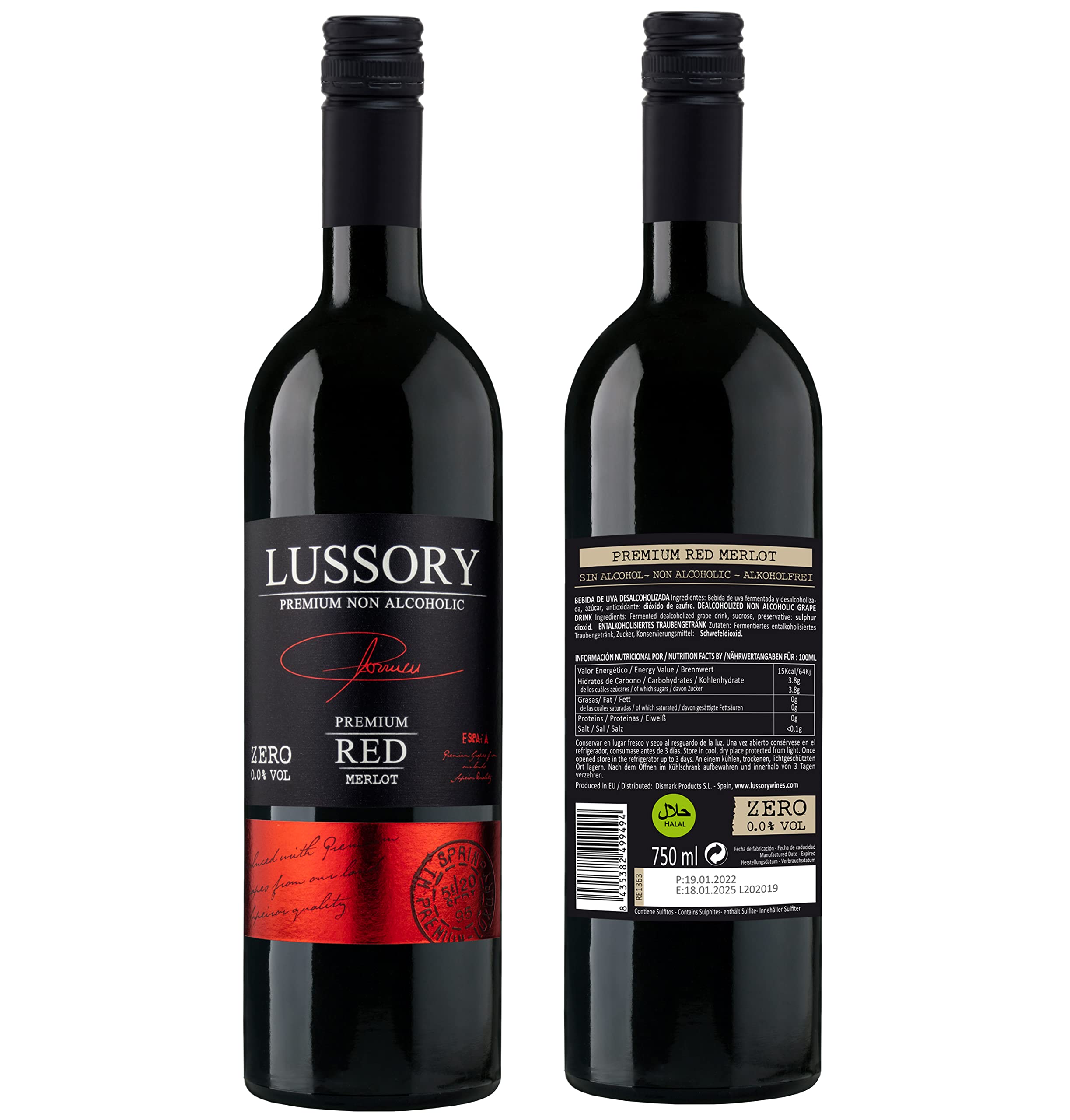 Lussory Premium Merlot Alcohol Removed 0.0% Dealcoholized Red Non Alcoholic Wine From Spain, Low Calories, Low Sugar, Halal Certified (750ml, 1 Bottle)