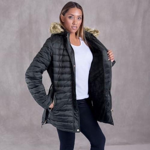 Facitisu Women's Quilted Jacket Winter Puffer Mid Length Coat Fur Trim Removable Zip-Off fHood (Black, 1XL)