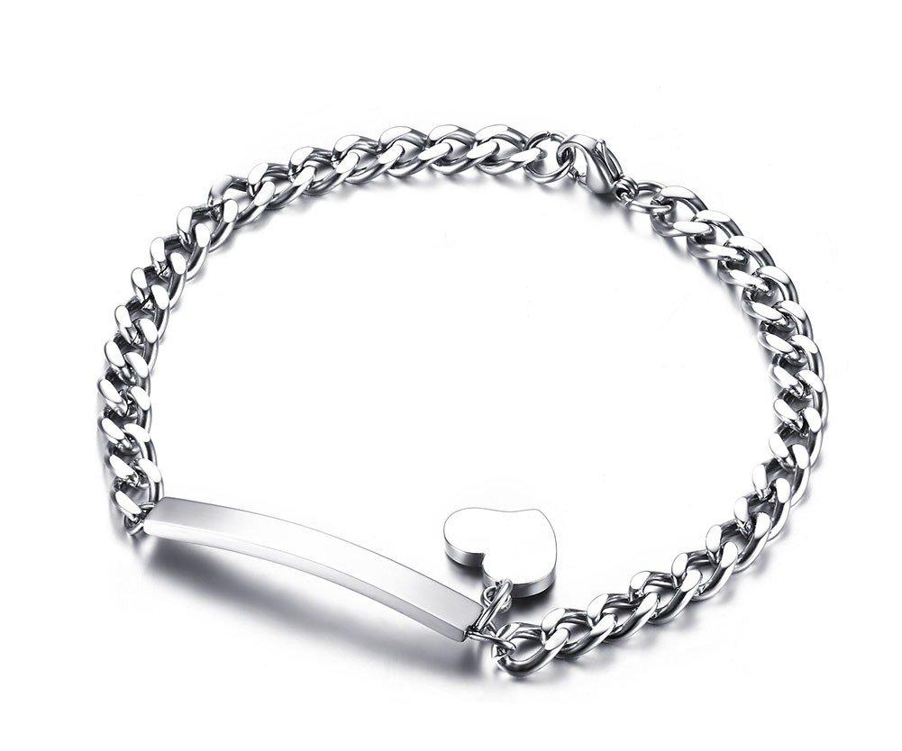 VNOX Custom Engraved Personalized ID Tag Stainless Steel Bar Bracelet with Heart Charm for Women,8.0"