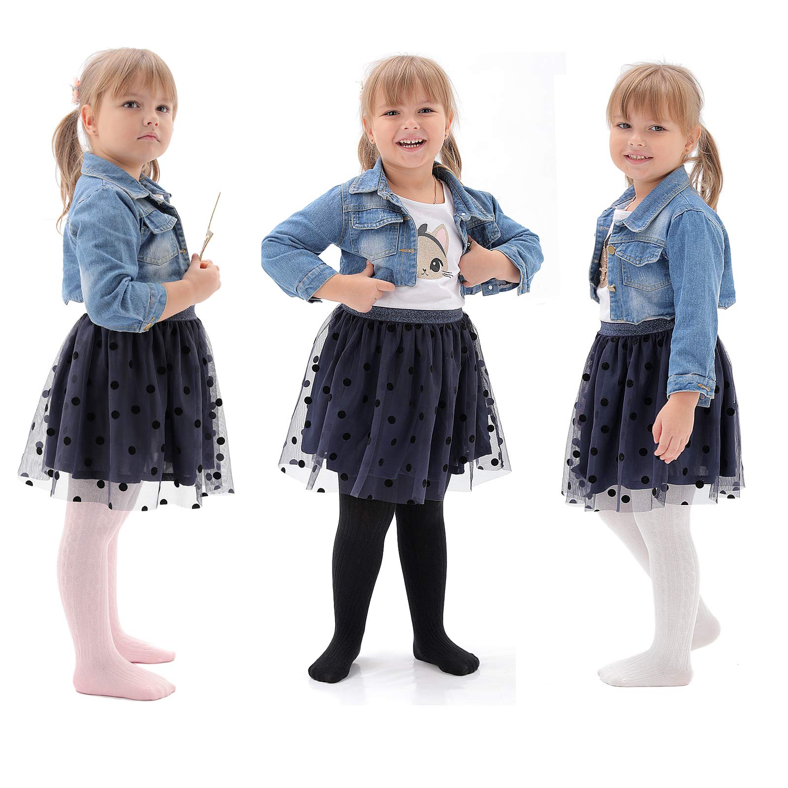 EPEIUS Little Girl Tights Toddler Baby Girl Seamless Cable Knit Leggings Thick Solid Cotton Stockings Footed Pants for 2-4 Years 3 Pair Pack,Black/White/Pink