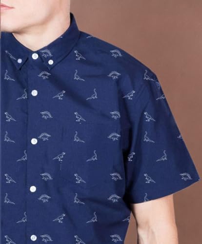 Visive Men's Summers, Short Sleeve Button Down Shirts, Regular Fit Soft & Breathable Mens Shirts Navy Dino L
