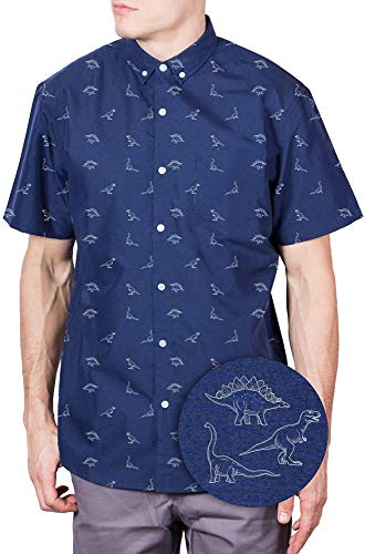 Visive Men's Summers, Short Sleeve Button Down Shirts, Regular Fit Soft & Breathable Mens Shirts Navy Dino L