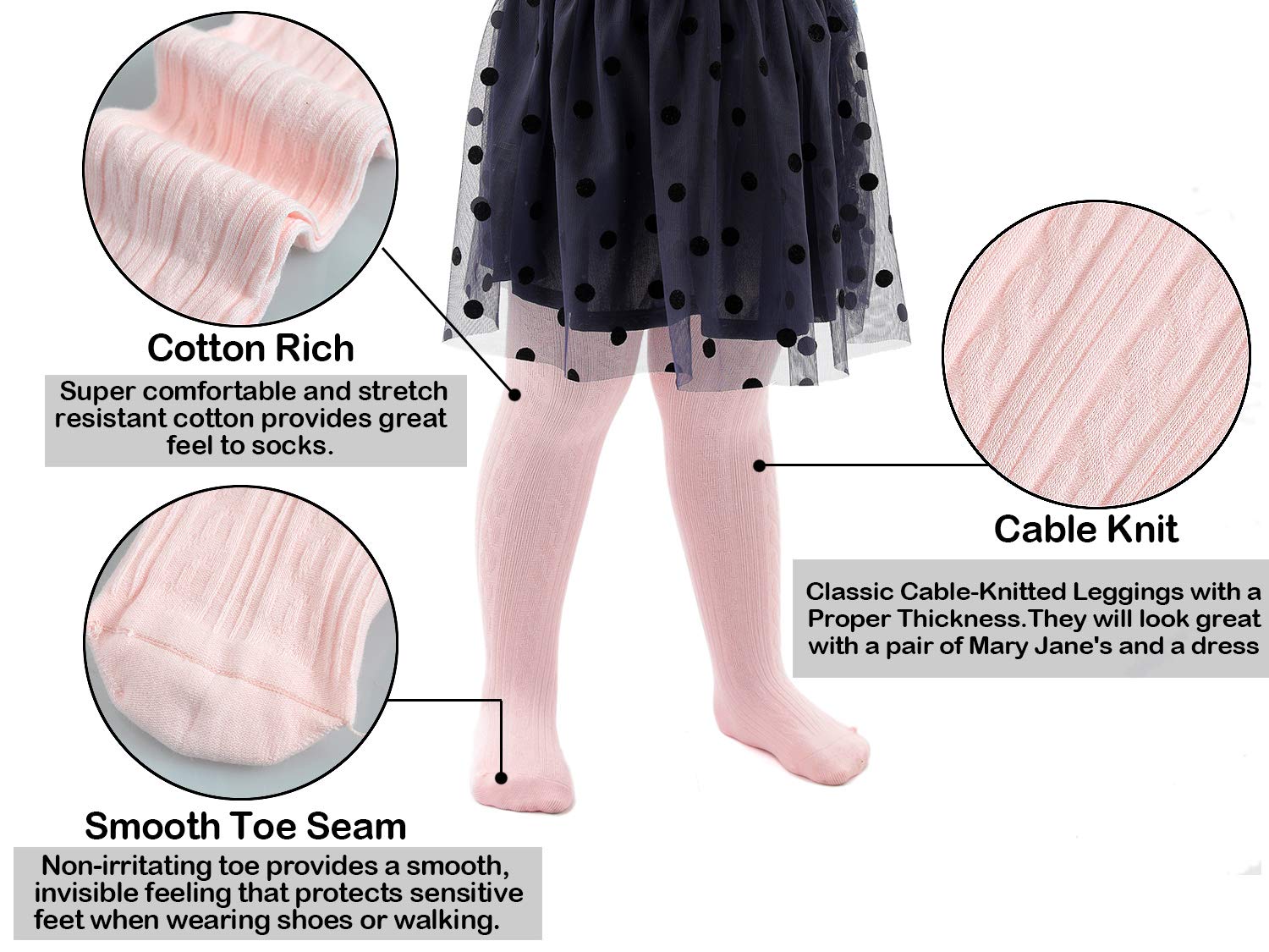 EPEIUS Little Girl Tights Toddler Baby Girl Seamless Cable Knit Leggings Thick Solid Cotton Stockings Footed Pants for 2-4 Years 3 Pair Pack,Black/White/Pink