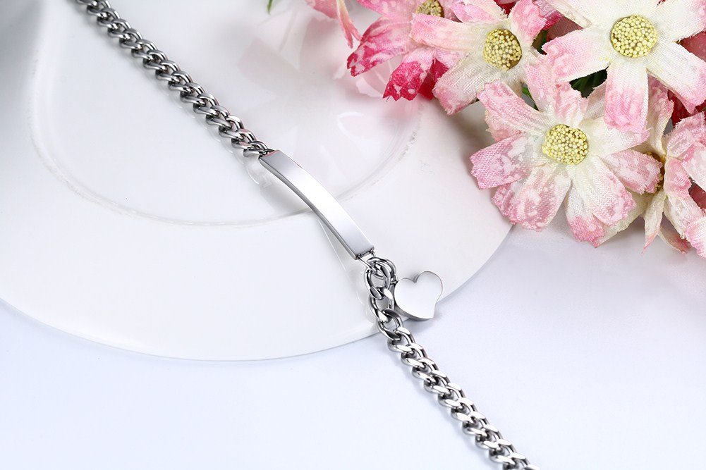 VNOX Custom Engraved Personalized ID Tag Stainless Steel Bar Bracelet with Heart Charm for Women,8.0"