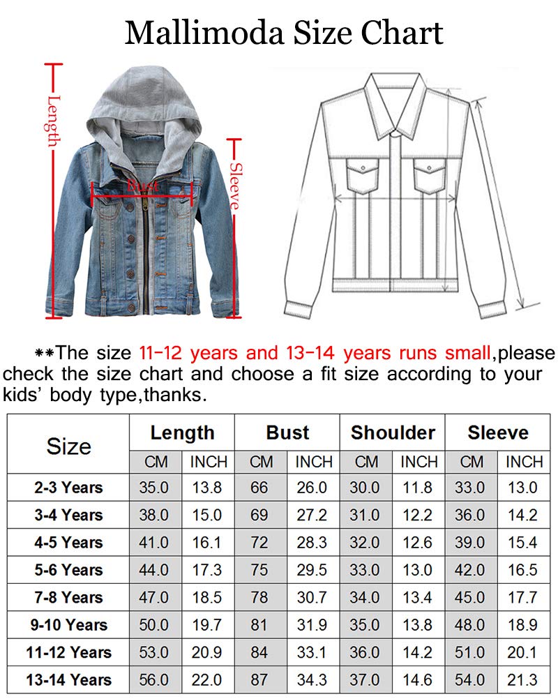Mallimoda Kids Boys Girls Hooded Denim Jacket Zipper Coat Outerwear Style 2 Blue13-14 Years