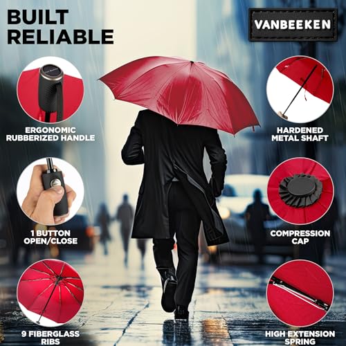VAN BEEKEN Automatic Open and Close Umbrella, Red, for Men and Women