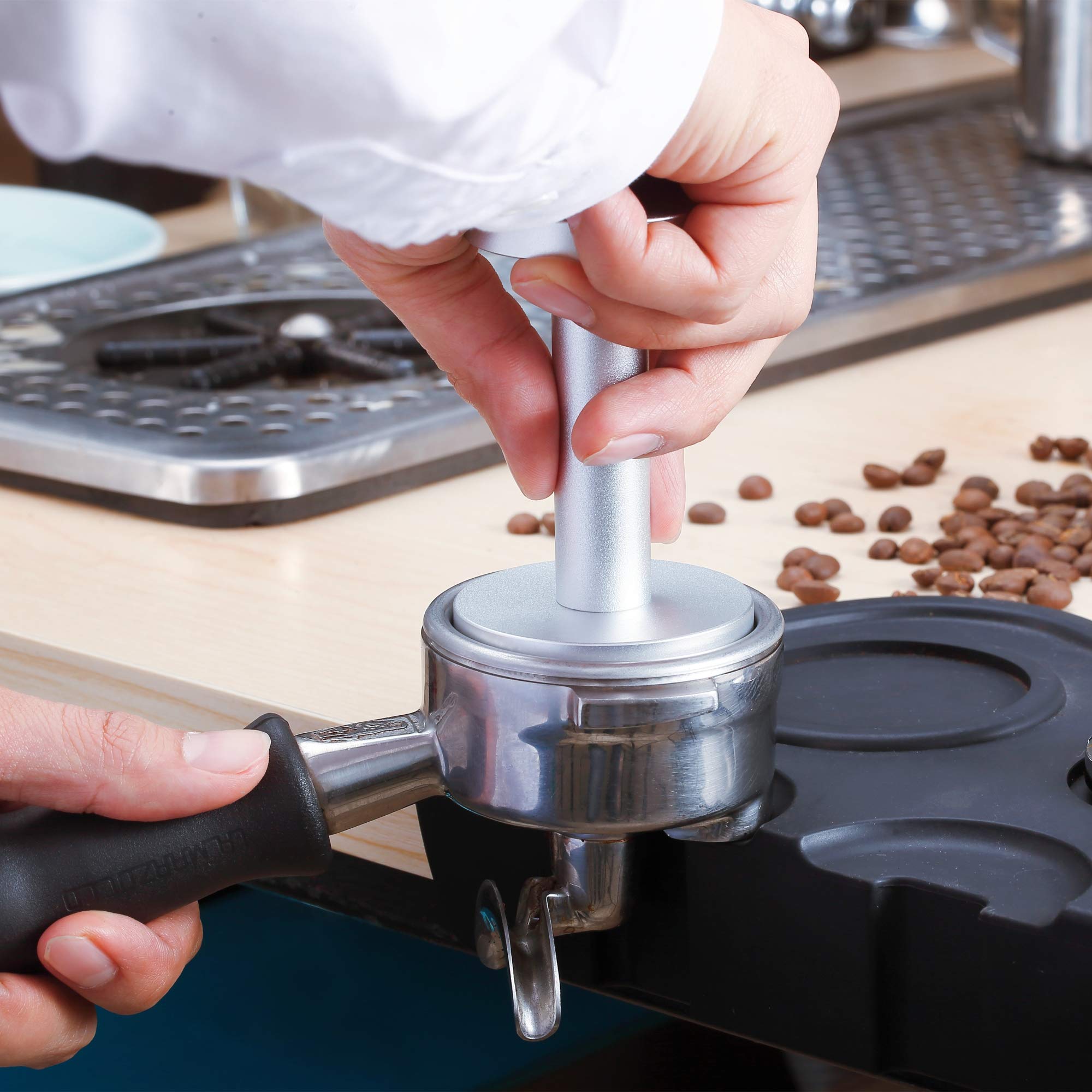 MMtong Coffee Tamper, Espresso Tamper Set 51/58mm for Espresso Barista,Aluminum Tamper Press plus Free 5oz/150ml Milk Frothing Pitcher with Art Pen, Silver