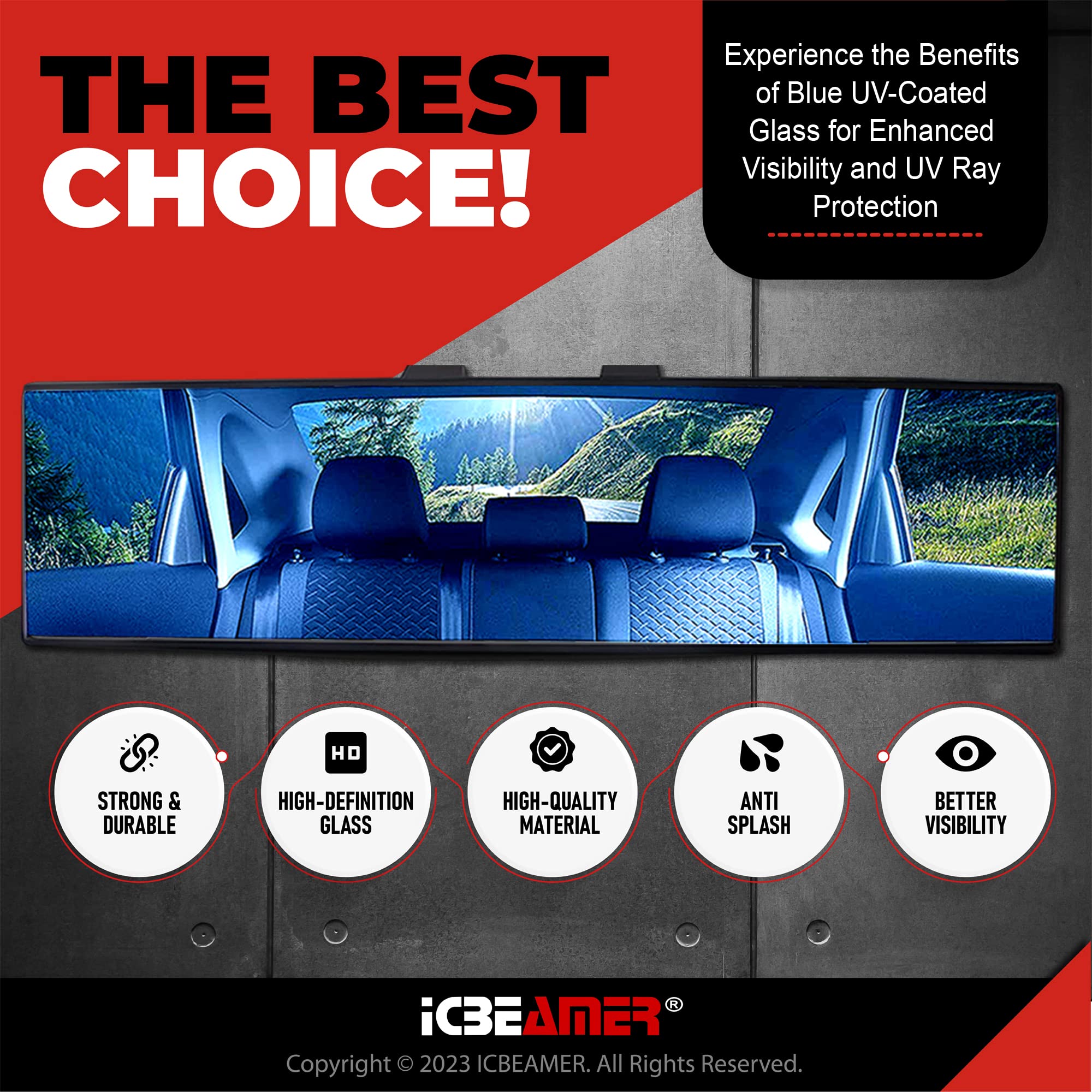 ICBEAMER 9.4" Car Rear View Mirror, HD Blue Tint, Panoramic Wide Angle Convex Surface, 2 Interior Retractable Rubber Clips, Anti Glare, Automotive Accessories Universal for Truck, Car, SUV, 1 Pack