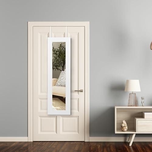 Mind Reader Jewelry Organizer, Full Length Mirror, Jewelry Armoire, Storage, Wall Mount, Wood, 12.5" L x 3.5" W x 43.5" H, White