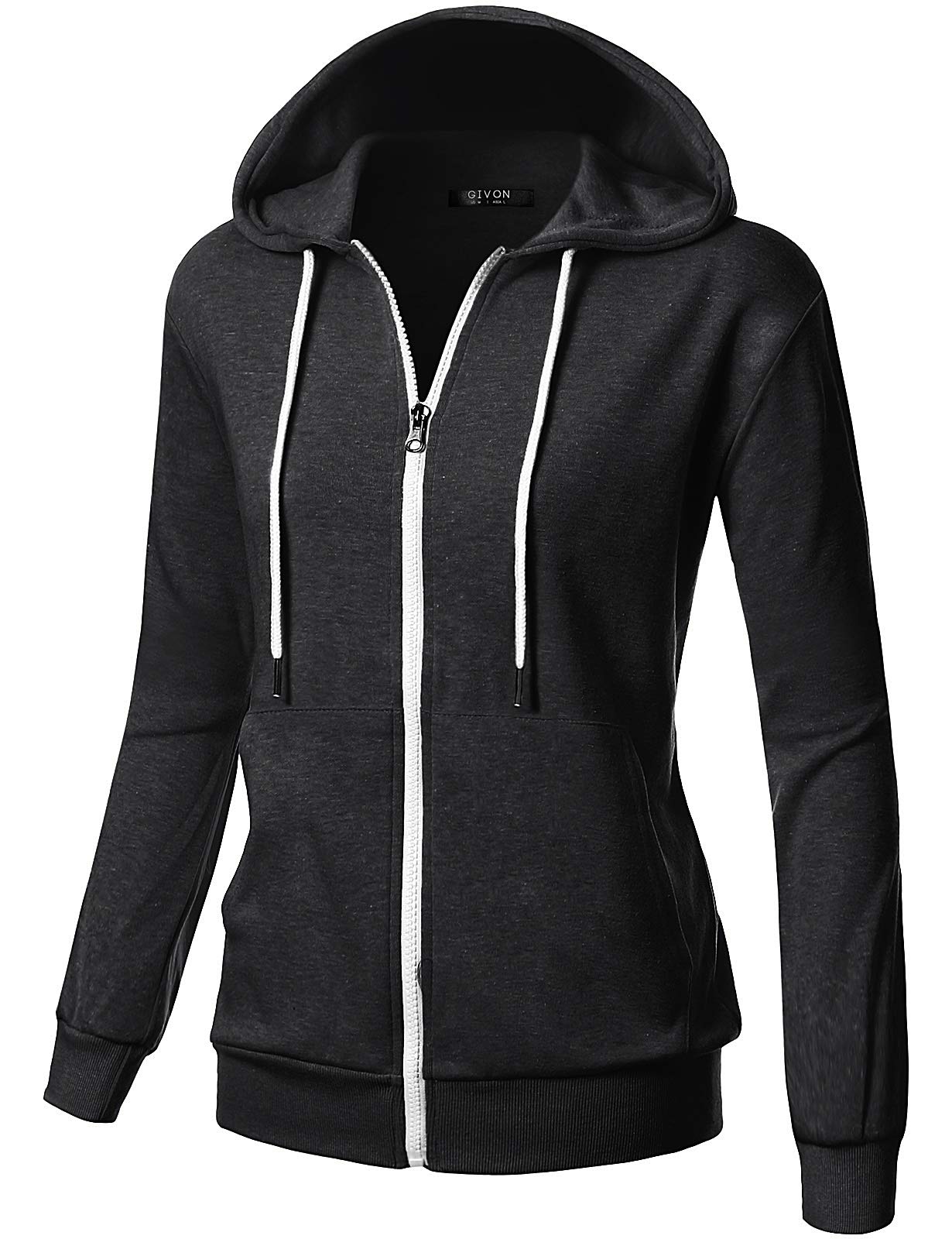 GIVON Basic Lightweight Zip Up Hoodie Long Sleeve Thin Hooded Jacket for Women with Plus Size / DCF200-CHARCOAL-M