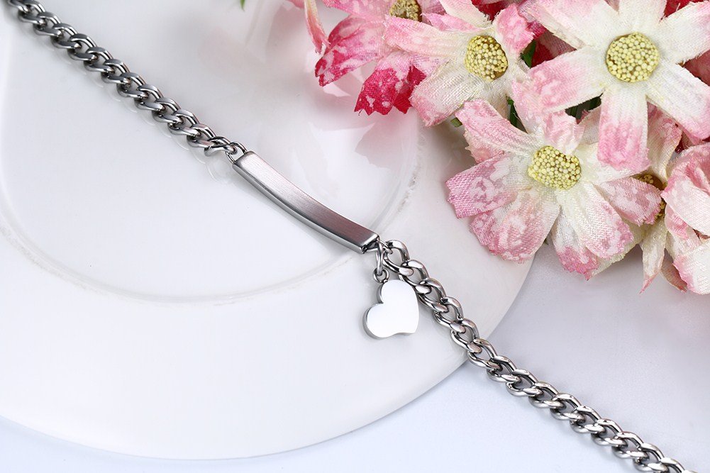 VNOX Custom Engraved Personalized ID Tag Stainless Steel Bar Bracelet with Heart Charm for Women,8.0"