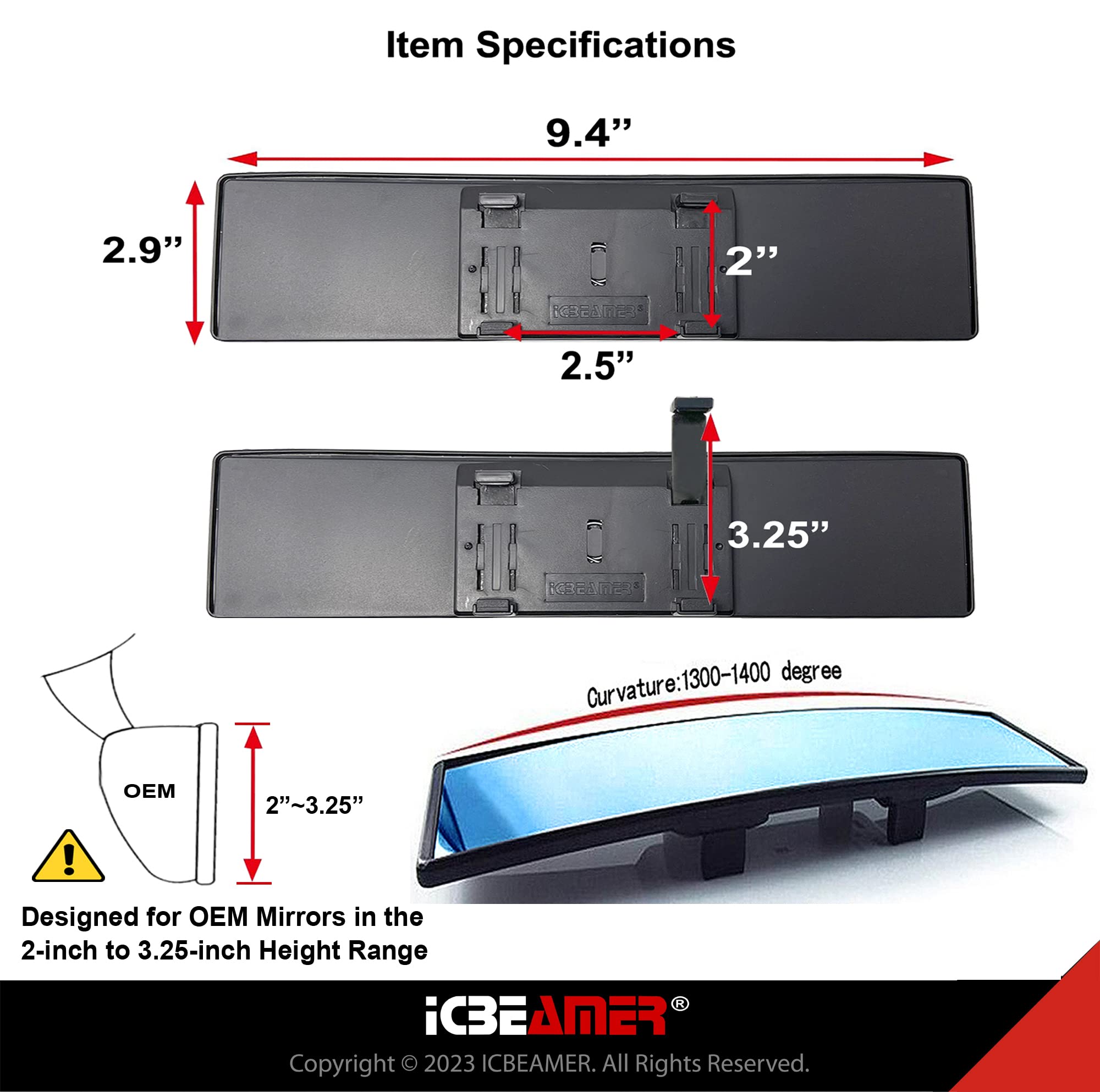ICBEAMER 9.4" Car Rear View Mirror, HD Blue Tint, Panoramic Wide Angle Convex Surface, 2 Interior Retractable Rubber Clips, Anti Glare, Automotive Accessories Universal for Truck, Car, SUV, 1 Pack