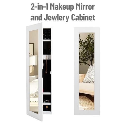Mind Reader Jewelry Organizer, Full Length Mirror, Jewelry Armoire, Storage, Wall Mount, Wood, 12.5" L x 3.5" W x 43.5" H, White