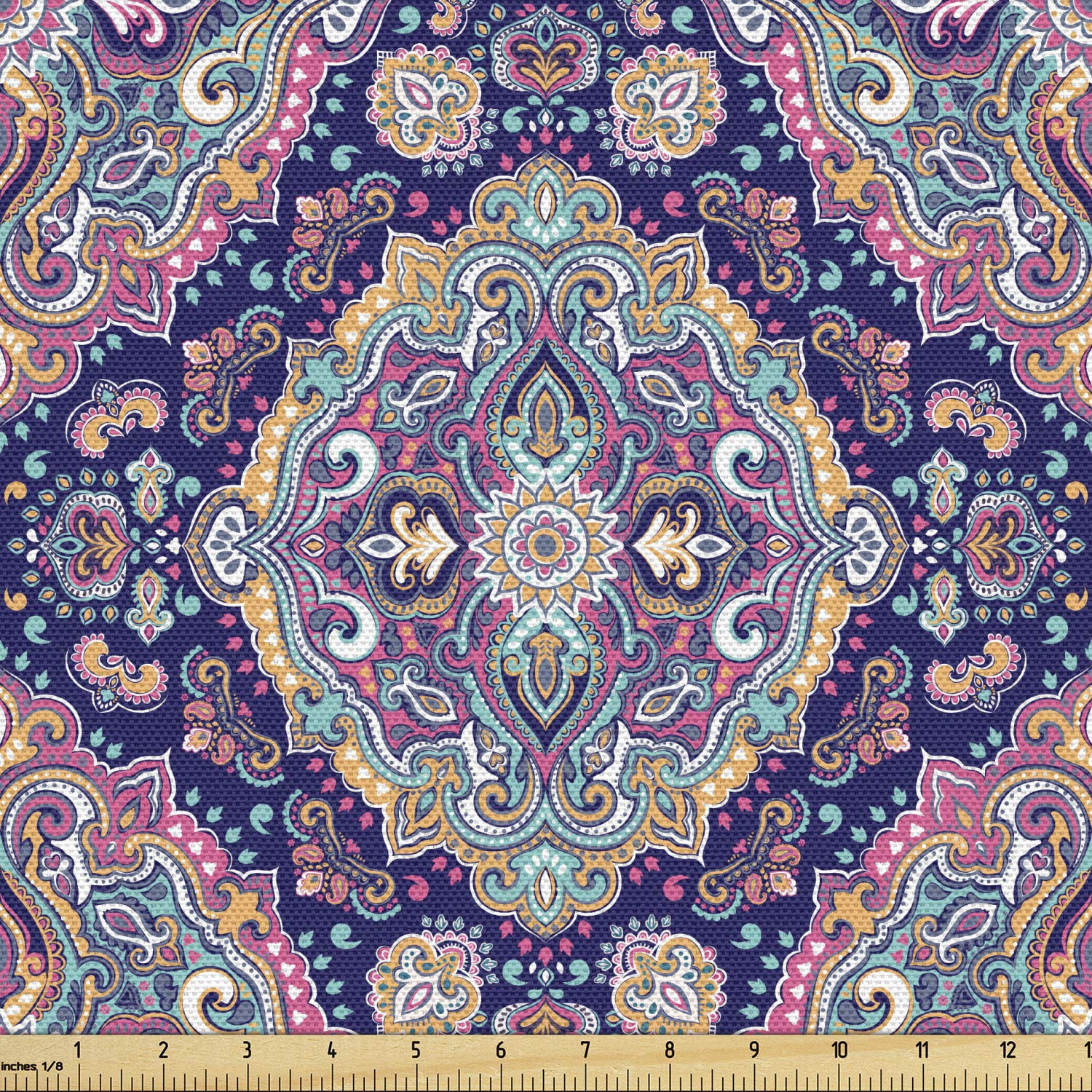 Ambesonne Ethnic Fabric by The Yard, Boho Style Mandala Colorful Spring Garden Themed Old Fashioned Tile, Decorative Fabric for Upholstery and Home Accents, 1 Yard, Navy Pink