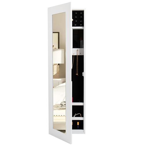 Mind Reader Jewelry Organizer, Full Length Mirror, Jewelry Armoire, Storage, Wall Mount, Wood, 12.5" L x 3.5" W x 43.5" H, White