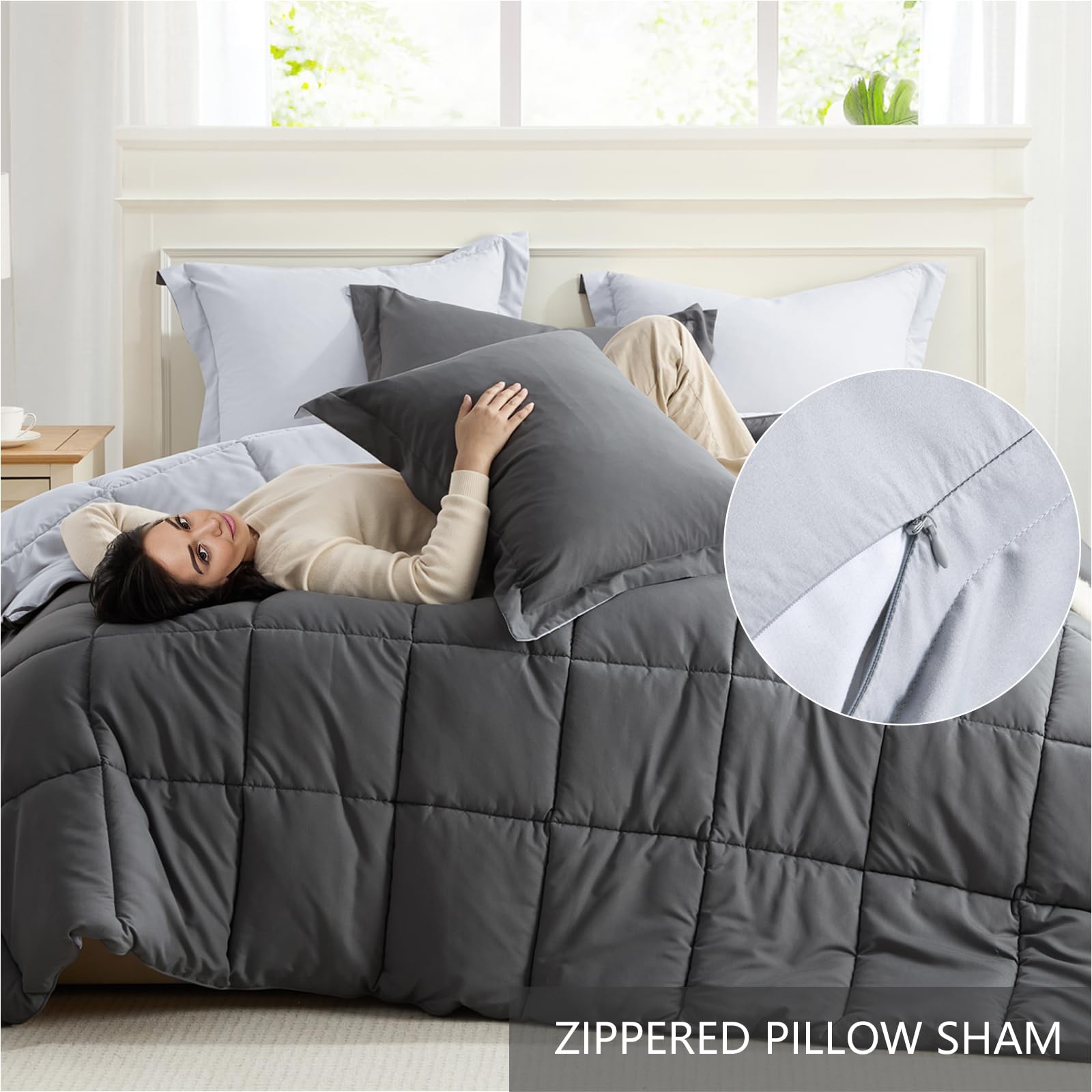 Homelike Moment Queen Comforter Set Grey, Comforters Queen Size Set, Soft Lightweight Down Alternative Bed Comforter Full Size Reversible All Season 3 Pieces Bedding Sets Grey/Light Gray