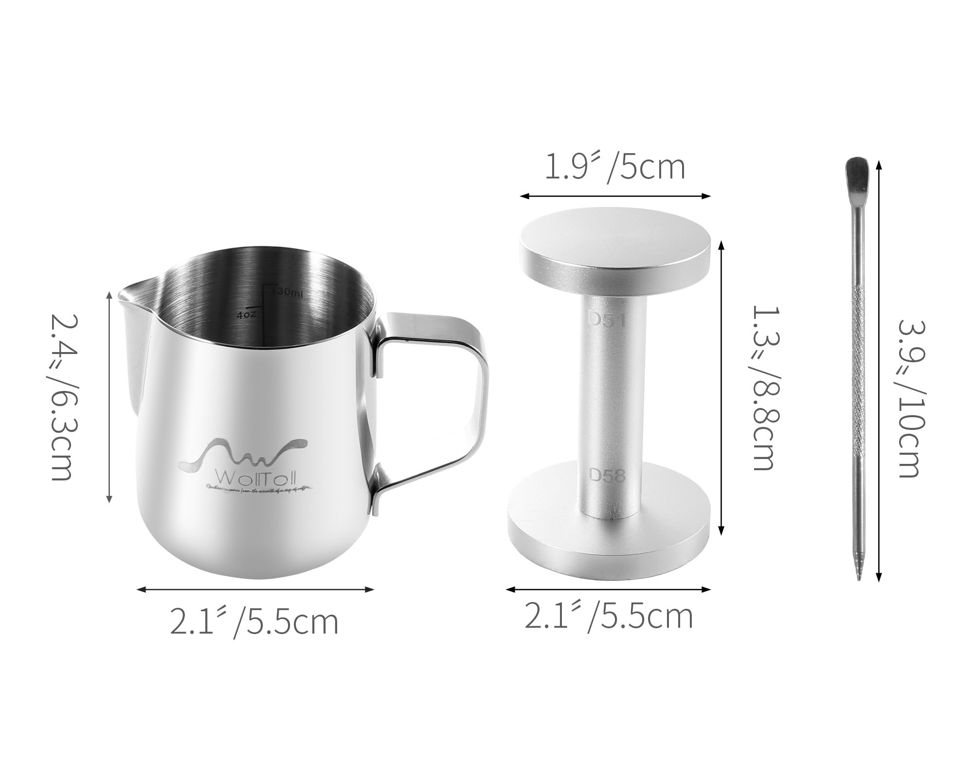 MMtong Coffee Tamper, Espresso Tamper Set 51/58mm for Espresso Barista,Aluminum Tamper Press plus Free 5oz/150ml Milk Frothing Pitcher with Art Pen, Silver