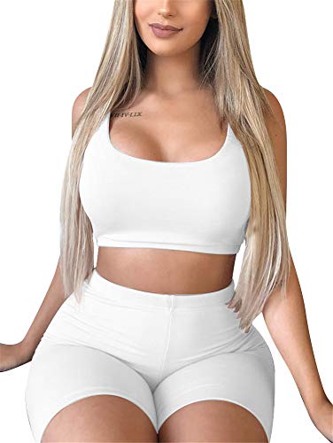 GOBLES Women's Sexy Bodycon Tank Crop Top Shorts Sets Club 2 Piece Outfits White