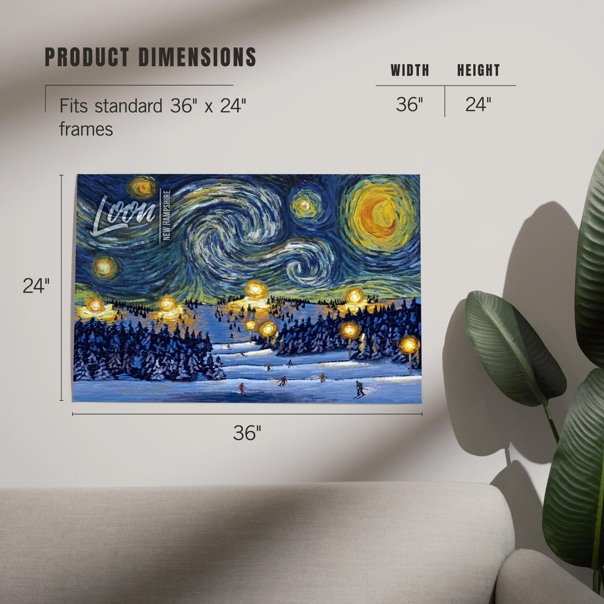 Lantern Press 24x36 Inch Giclee Art Print Wall Decor, Loon New Hampshire Ski Starry Night