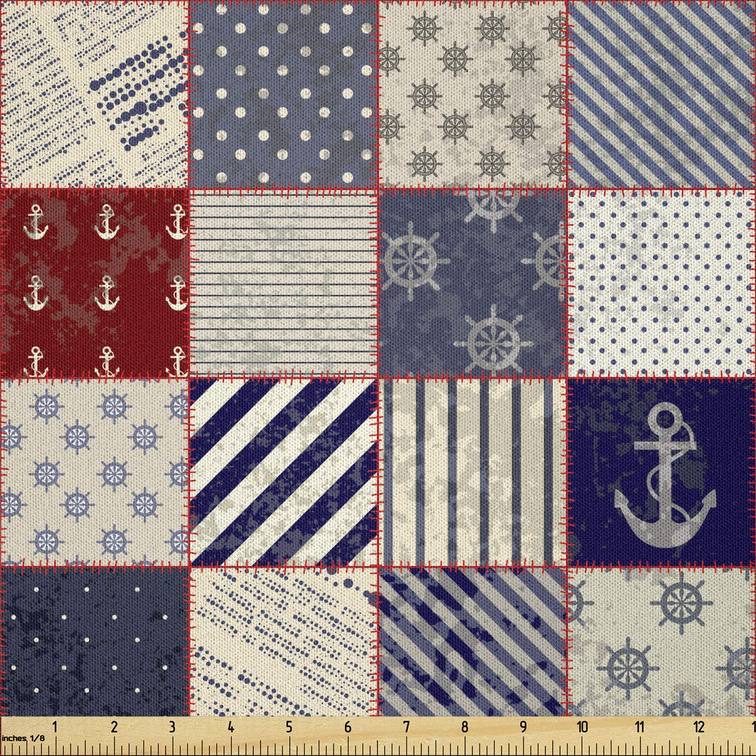 Lunarable Nautical Fabric by The Yard, Maritime and Marine Life Design Vintage Sailor Knot Anchor Motifs, Microfiber Fabric for Arts and Crafts Textiles & Decor, 2 Yards, Vermilion Blue