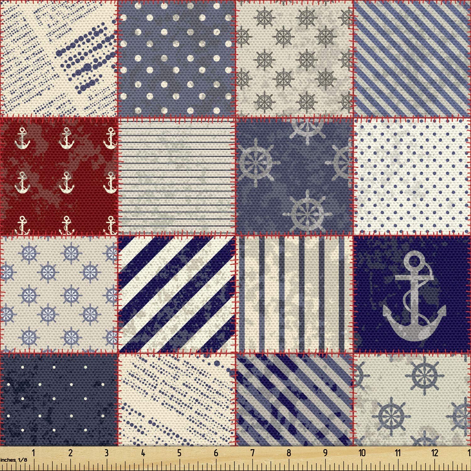 Lunarable Nautical Fabric by The Yard, Maritime and Marine Life Design Vintage Sailor Knot Anchor Motifs, Decorative Fabric for Upholstery and Home Accents, 3 Yards, Vermilion Blue