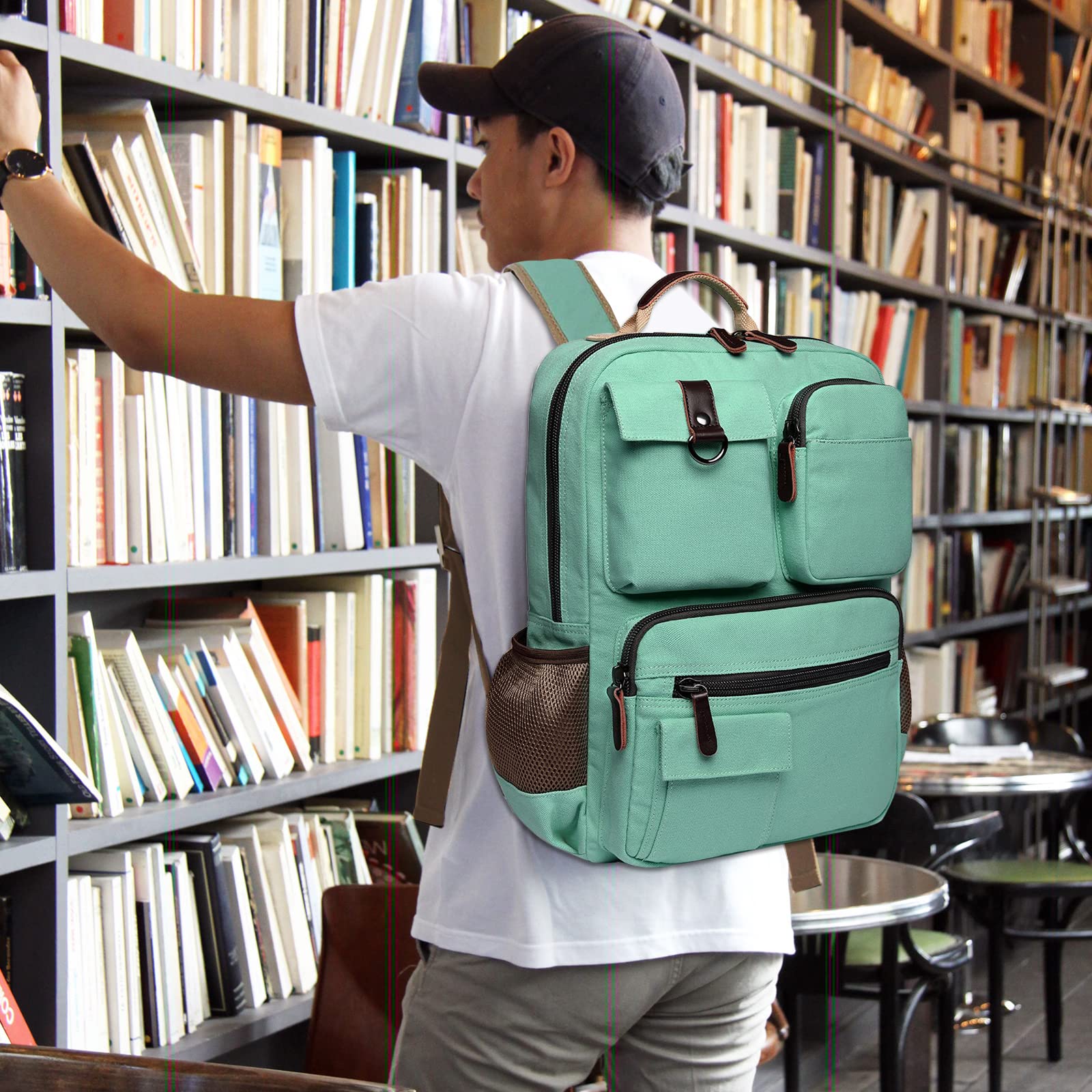 CAMTOP School Backpack Vintage Canvas Laptop Backpacks Men Women Rucksack Bookbags Travel (Mint Green)