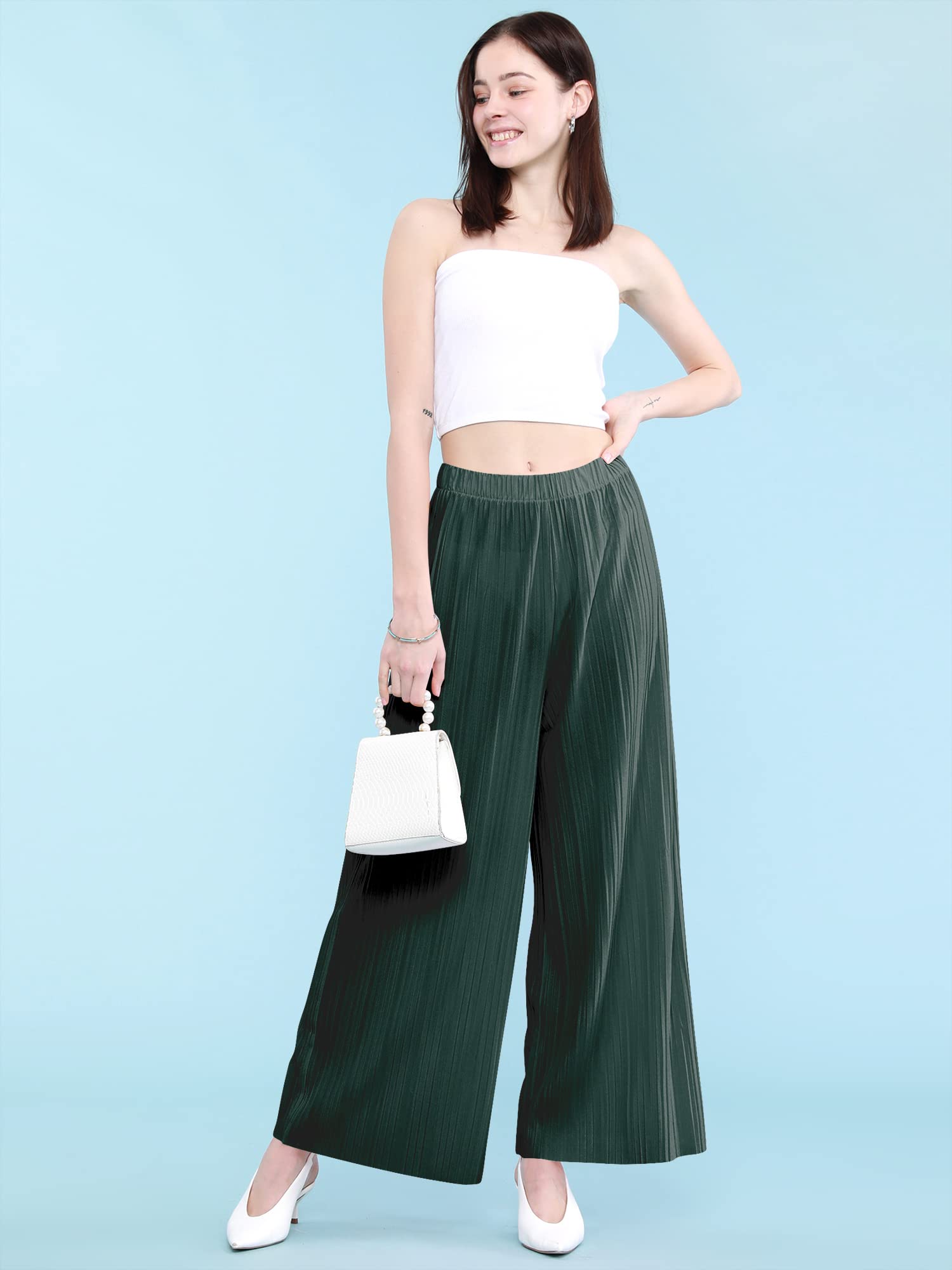 MBJ WB1794 Womens Pleated Wide Leg Pants with Elastic Waist Band-Made in USA L Green