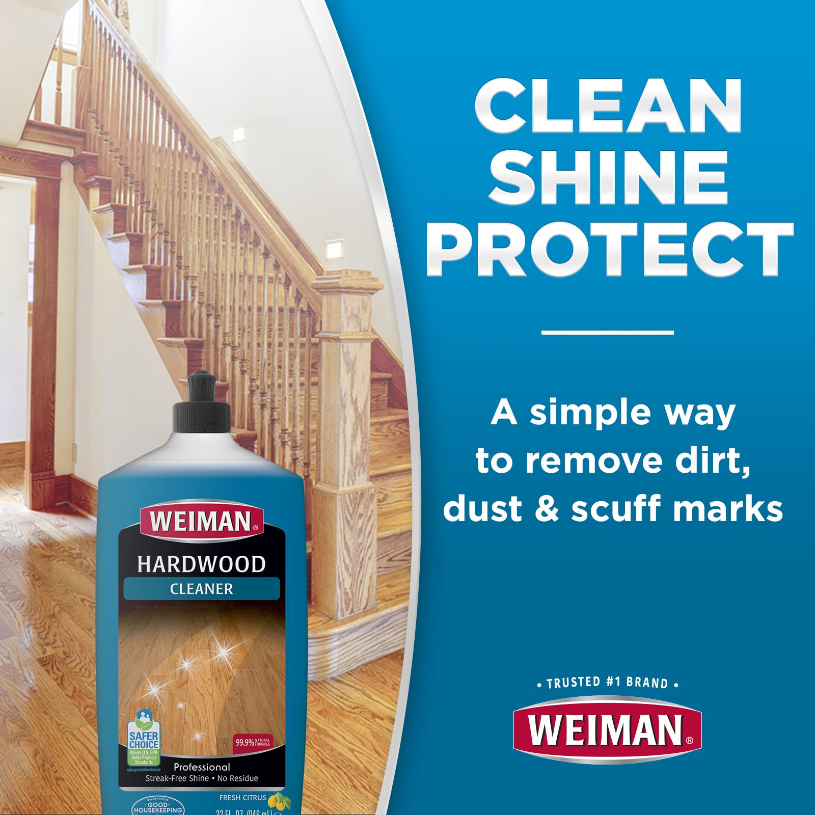 Weiman Hardwood Cleaner for Finished Hardwood Floors, Engineered Floors, Laminate - Streak-Free Results, EPA Safer Choice Certified, 32 oz
