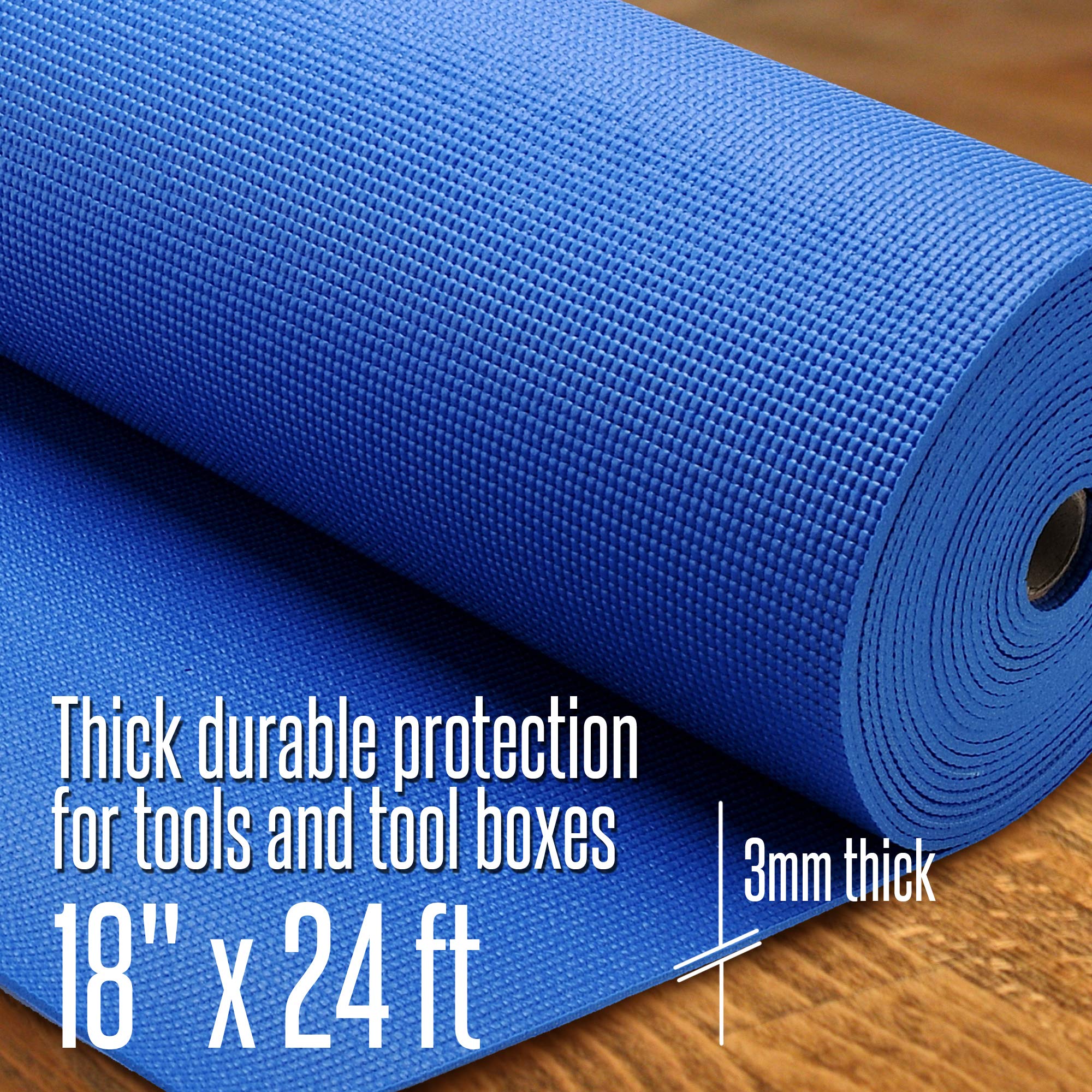 Reizen Tech Max-Tough Tool Box Liner-18 inches x 24 feet x 3mm - Stay-Put Surface Defends Against Wear and Tear - Keeps Tools Protected and Organized - Garage Shelves, Tool Chest, and Cabinets - Blue