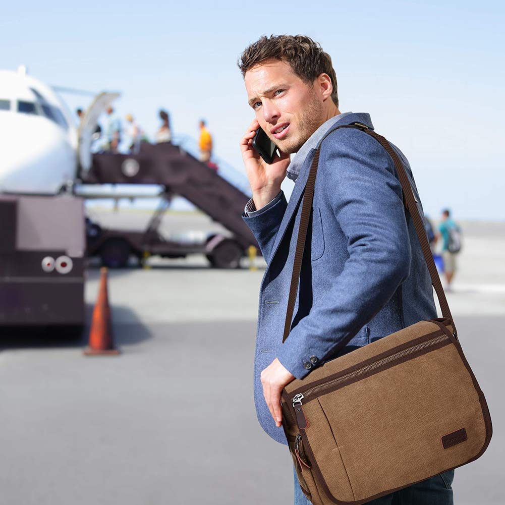 Modoker Messenger Bag for Men, 13 Inches Laptop Satchel Bags, Canvas Shoulder Bag with Bottle Pocket, Brown