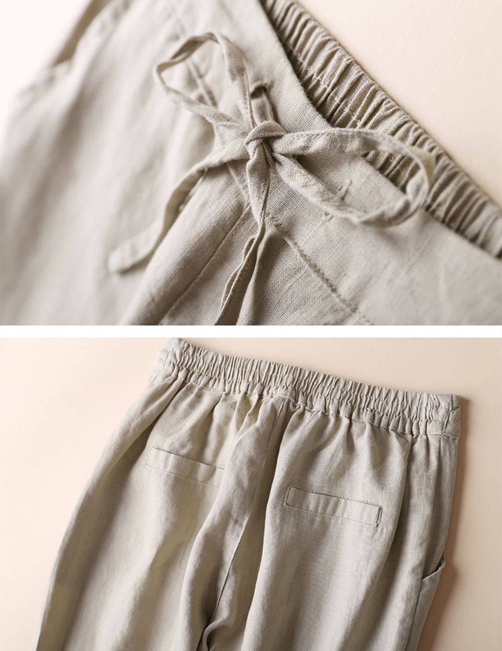 IXIMO Women's Tapered Pants 100% Linen Drawstring Back Elastic Waist Pants Trousers with Pockets Khaki XL