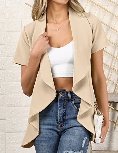 DOUBLJU Casual Draped Ruffles Blazer Short Sleeve Basic Open Front Cardigan Jacket for Womens with Plus Size Work Office Suit