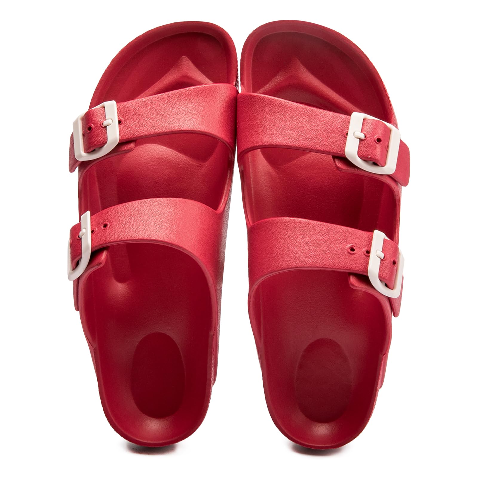 FUNKYMONKEY Women's Comfort Slides Double Buckle Adjustable EVA Flat Sandals (6 M US-Women, Red)