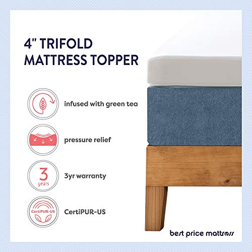 Best Price Mattress 4 Inch Trifold Memory Foam Mattress Topper with Cover, CertiPUR-US Certified, Queen,White