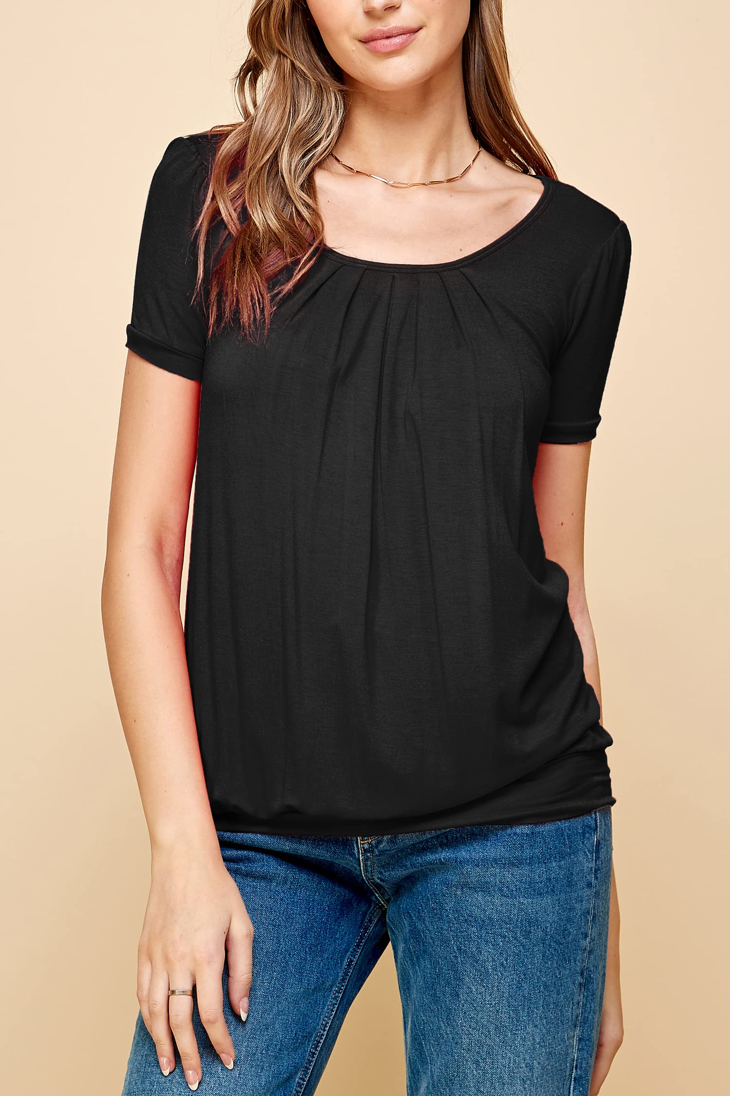 Made By Johnny MBJ WT1175 Women's Scoop Neck Short Sleeve Pleated Front Blouse Tunic Top XL Black